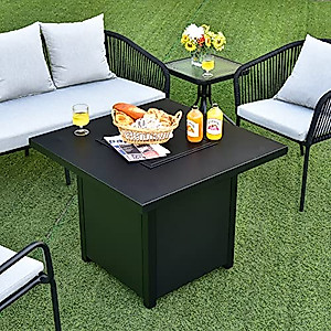 Tangkula 32 Inch Propane Fire Pit Table, Patiojoy 40,000 BTU Auto Ignition Square Gas Fire Table with Removable Lid, Fire Glass, Adjustable Flame, CSA Approved, Suitable for Balcony, Garden, Poolside