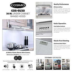 COSMO 5U30 30 in. Under Cabinet Range Hood with Ducted/Ductless Convertible (Kit Not Included), Slim Kitchen Over Stove Vent, 3 Speed Exhaust Fan, Reusable Filter, LED Lights in Stainless Steel