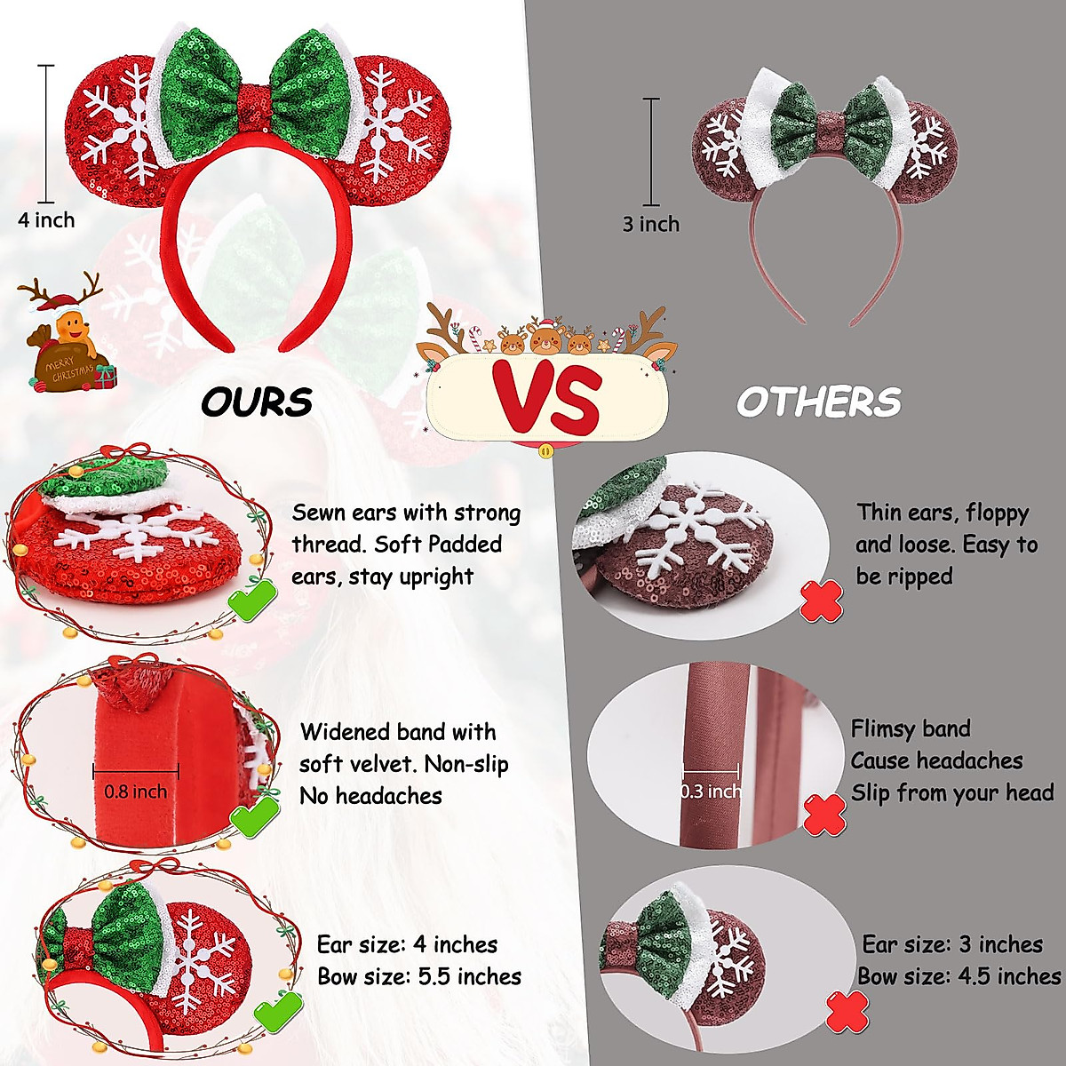 UNSPAZ Glitter Mouse Ears Headband - Christmas Party Accessory for Adults, Kids, and Women