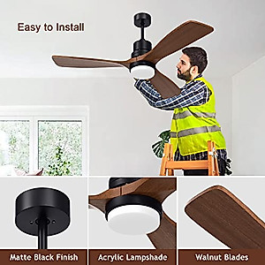 ghicc Ceiling Fans with Lights and Remote Modern Ceiling Fans with 3 Walnut Wood Blades, Indoor/Outdoor Ceiling Fans for Patios Farmhouse Bedroom，42"， Matte Black