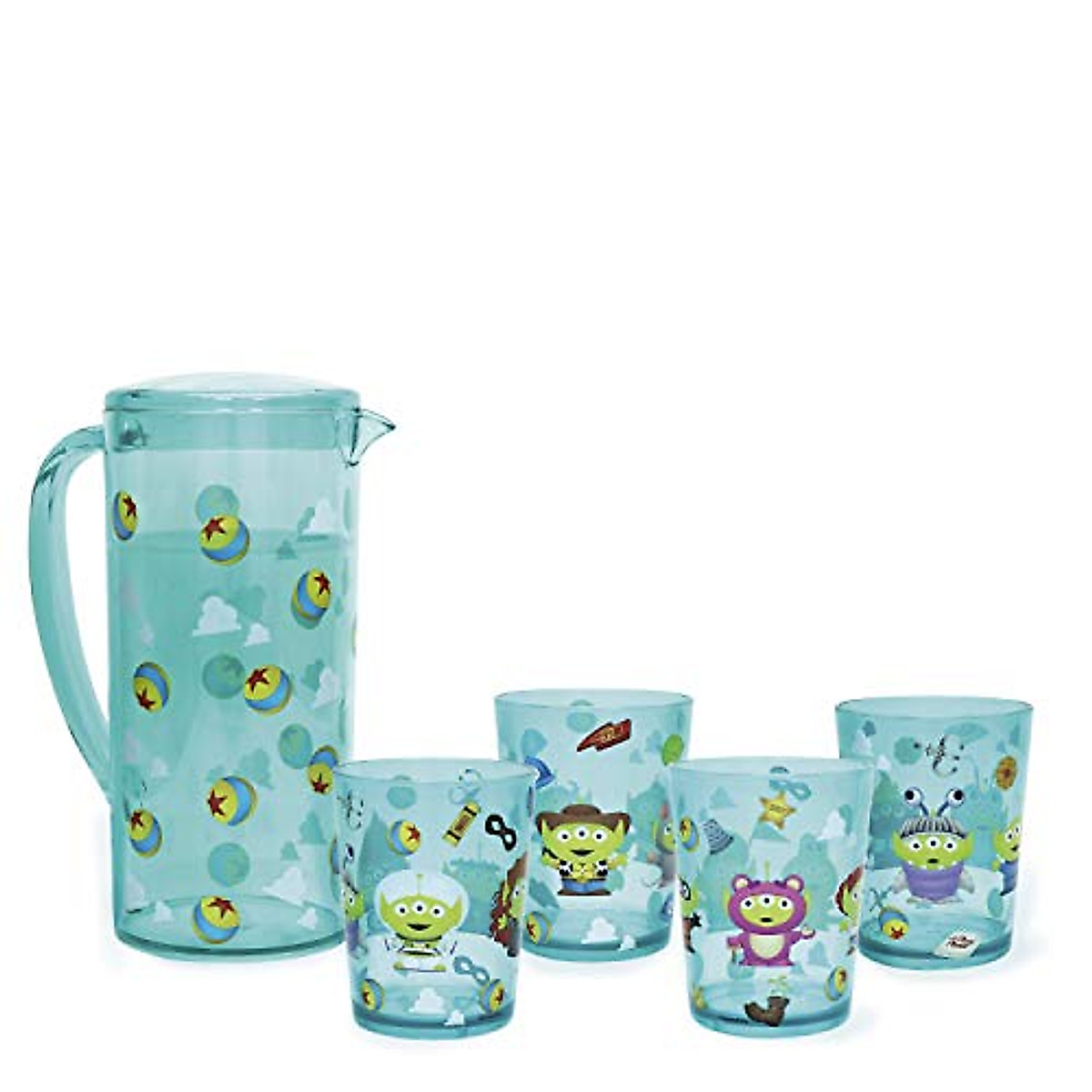Zak Designs Pixar Movies Alien Remix Beverage Serving Set Includes Pitcher and 4 Durable Plastic Tumblers with Unique Artwork, Perfect for a Pool Party (5 Pieces), Green,10 ounces