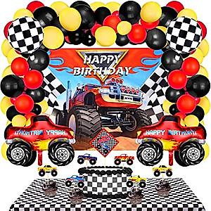 83 Pieces Truck Birthday Party Supplies Truck Balloon Decoration Set Include 1 Truck Theme Backdrop 70 Truck Balloons 2 Mosaic Race Foil Balloons 1 Table Cover 7 Cupcake Topper for Boy Birthday Party