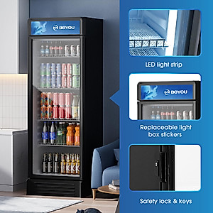 BEYOU Commercial Refrigerator, 12.2 cu. Ft Upright Beverage Display Merchandiser with single Glass Door, Drink Cooler for Living Room,Bar,Garage（Black）