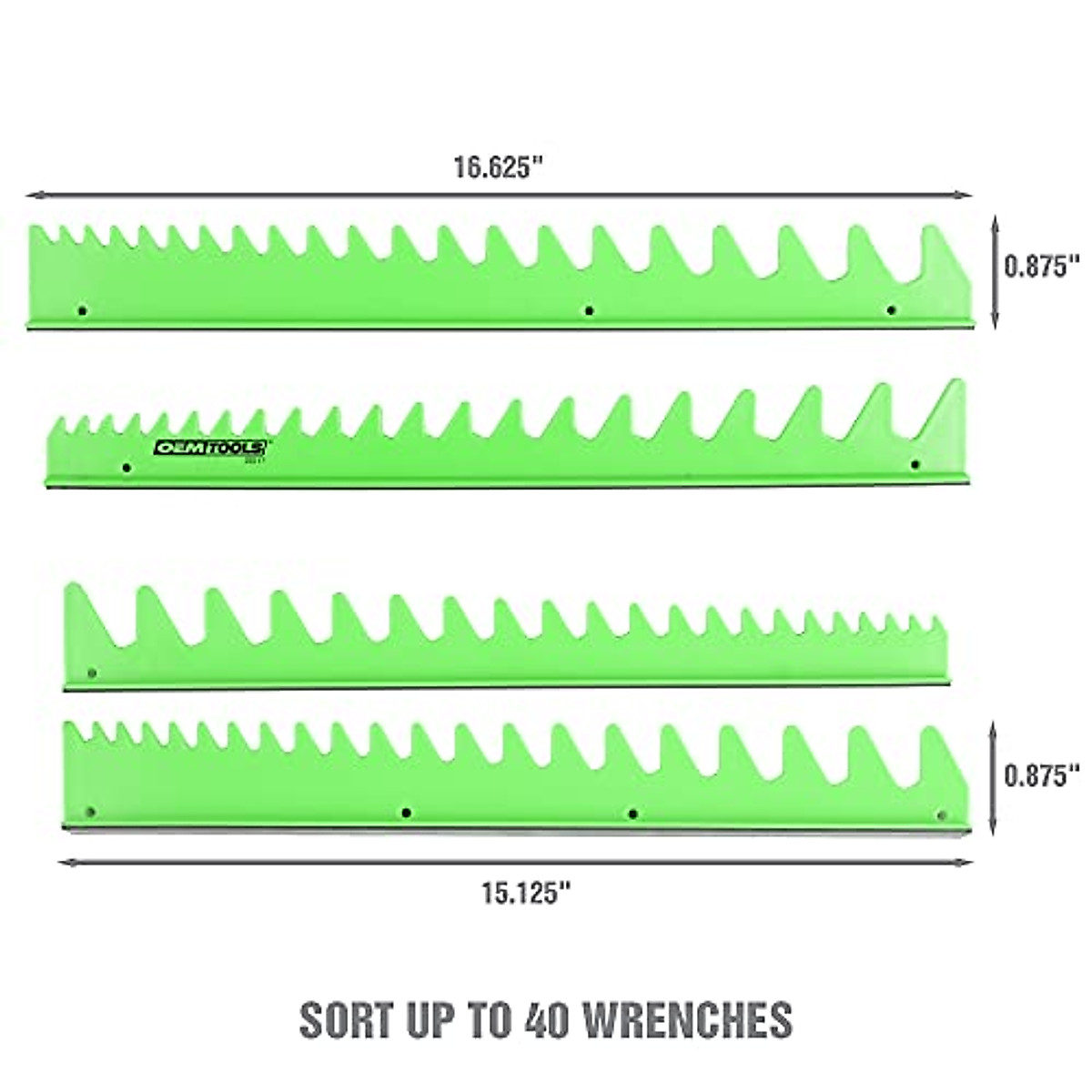 OEMTOOLS 22217 4 Piece Magnetic Rail Wrench Organizer, Magnetic Tool Box Accessories, Wrench Organizers Magnetic, Green