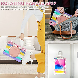 BATYUE iPad 10th Generation Case, Shockproof Protection Cover for 2022 10.9-inch iPad (10th Generation) with Screen Protector/Pencil Holder/ 360° Swivel Stand/Shoulder Strap, for Kids -Colorful Pink