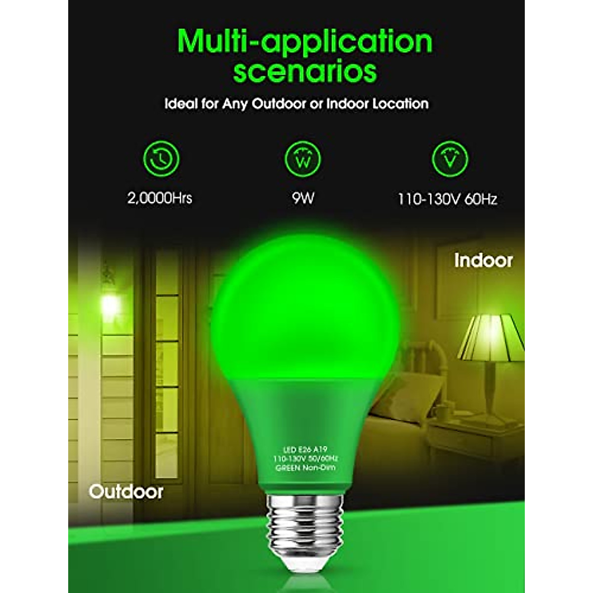 Woxeon 4 Pack A19 Green LED Light Bulbs, 9W Equivalent, Outdoor, Party, Christmas, Halloween, Home, Holiday Lighting