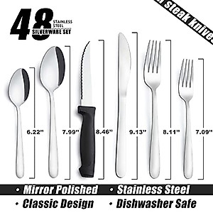 48 Pieces Silverware Set, Pleafind Cutlery Set for 8, Flatware Sets with Steak Knives, Food Grade Stainless Steel Tableware Set, Use for Home Kitchen Restaurant Hotel, Dishwasher Safe, Mirror Polished