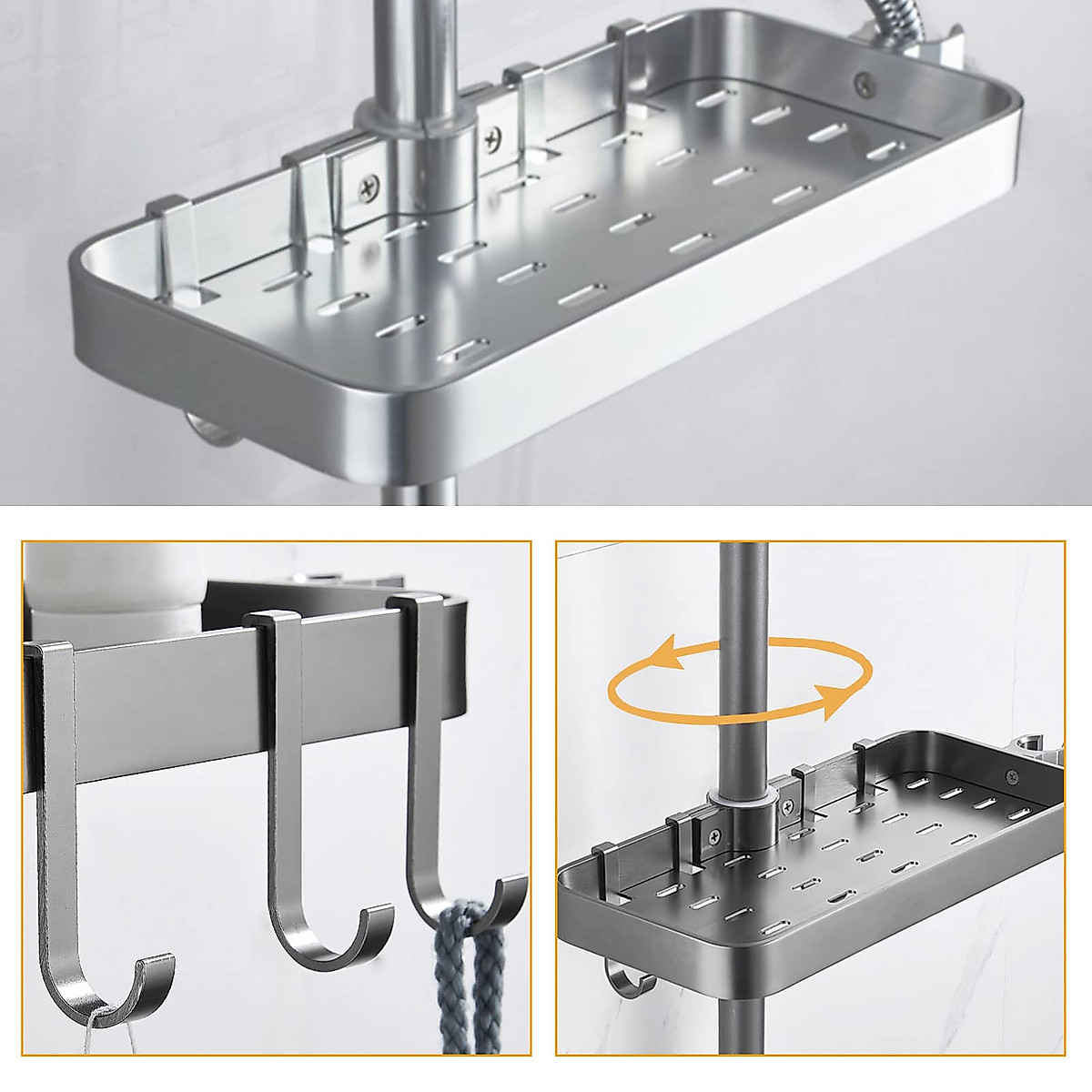 Aluminium Shower Shelf for Shower Rail Shower Caddy Shelves No Drilling Shower Rack,Shower Holder with 4 Hooks Holder and Guardrail Stand for Soap Shampoo Conditioner Organizer,for 19mm - 25mm Rail