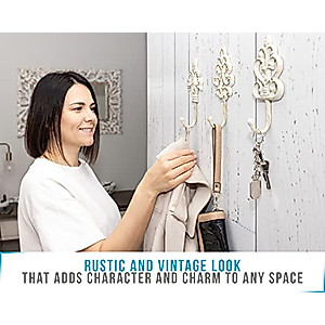 Shabby Chic Decorative Wall Hooks - Set of 3 - Cast Iron French Country Wall Decor - Farmhouse Hangers for Coats, Purses and More - Rustic White