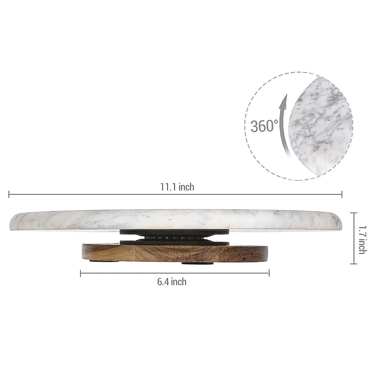 MyGift 11 Inch Natural White Marble with Acacia Wood Base Lazy Susan Serving Tray - 360 Degree Rotating Spice and Condiment Turntable - Handcrafted in India