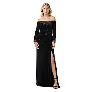 Adrianna Papell Women's Velvet Off The Shoulder Gown, Black, 10