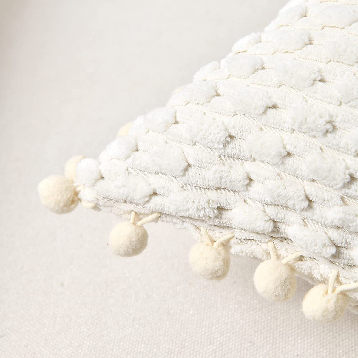 Fancy Homi Set of 2 Boho Cream Decorative Throw Pillow Covers 18x18 Inch with Pom-poms for Couch Bed Sofa, Modern Farmhouse Home Decor, Soft Plush Corduroy Cute Cushion Case 45x45 cm