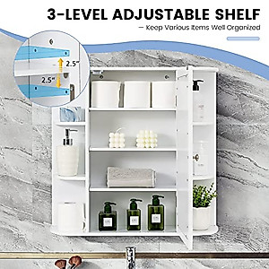 COSTWAY Wall Mounted Bathroom Cabinet - Storage Cabinet with Mirror Door & Adjustable Shelves, Space-Saving Medicine Storage Organizer for Living Room Kitchen Entryway (White)