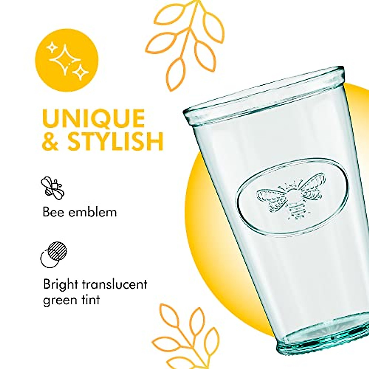Amici Home Bee Hiball Glass | 16 Oz | Italian Made, Recycled Glass with Green Tint | Drinking Glass with Embossed Bee Design for Water, Juice, Cocktails (Set of 6)