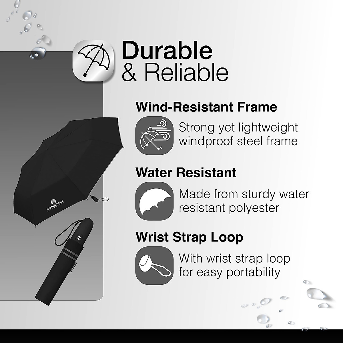 Weatherproof Automatic Rain Umbrella, Compact, Lightweight, and Wind Resistant Folding Umbrella for Travel, Full 42 Inch Arc, Black