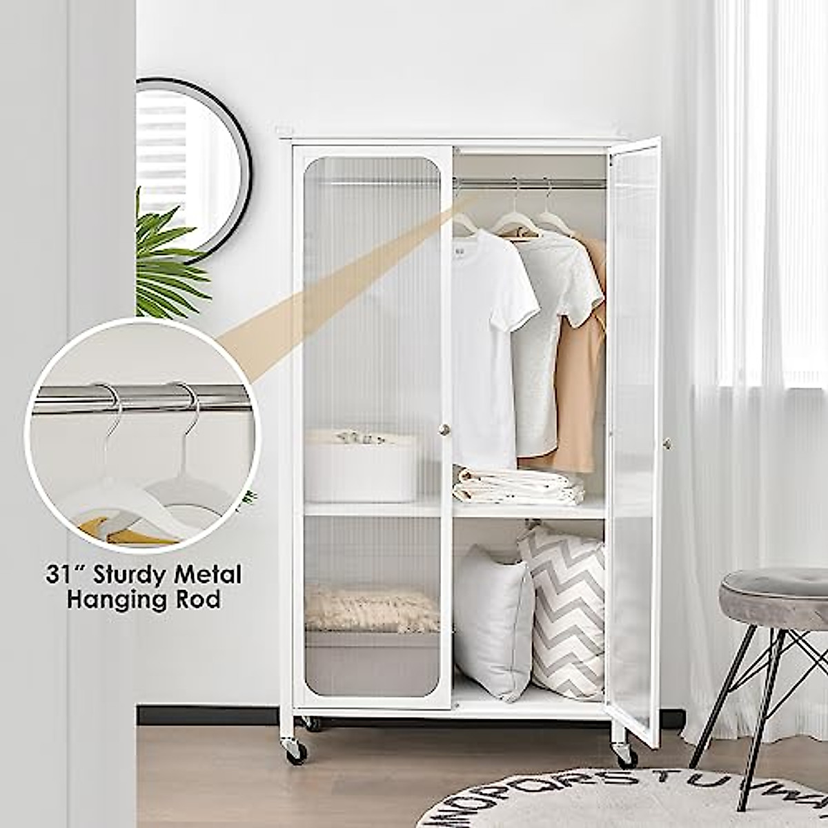 Giantex Closet Wardrobe, Portable Closet with Rollers, Mobile Metal Armoire Closet with Hanging Rod, Adjustable Shelf, Rolling Closet Storage Accent Cabinet, Armoire Clothes Organizer for Bedroom
