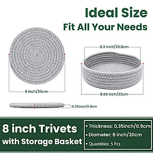 KITLAB 8 Inch Trivets for Hot Dishes, Hot Pots and Pans, Thick Heat Resistant Large Coaster for Kitchen, Hot Pads, Kitchen Essentials, Kitchen Decor for Table & Countertop with Storage Basket, 5 Pcs