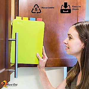 Resort Chef Kitchen Cutting Board Set of 4 Reversible Plastic Cutting Boards for Kitchen Dishwasher Safe, with Food Icons BPA Free & Eco Friendly, Non Porous, Includes Ceramic Knife & Non-Slip Mat