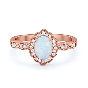 Blue Apple Co. Halo Art Deco Oval Wedding Engagement Bridal Ring Round Rose Tone, Lab White Opal 925 Sterling Silver Size-10