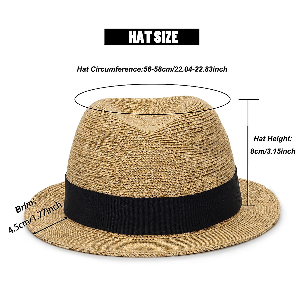 Straw Fedora-Sun-Hats for Women Men Summer Short Brim Roll Up Trilby Hat Packable Panama-Jazz Beach Hat(Size:M) Khaki