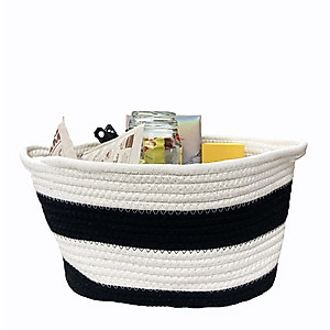 DSJ 14” x 10” x 7" Small Cotton Rope Basket with Handles,Cotton Woven Rope Storage Bins for Storing Cute Dog Cat Toys, Laundry Bedroom and Bathroom Clothes,Towels. (Black and White)