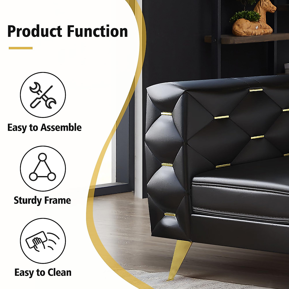 Chesterfield Loveseat, Faux Leather Upholstered 2 Seater Couch with Square Arms and Tufted Back, Mid-Century Modern Sofa Couch with Metal Buckle Decor for Living Room, Office, Bedroom (Black)