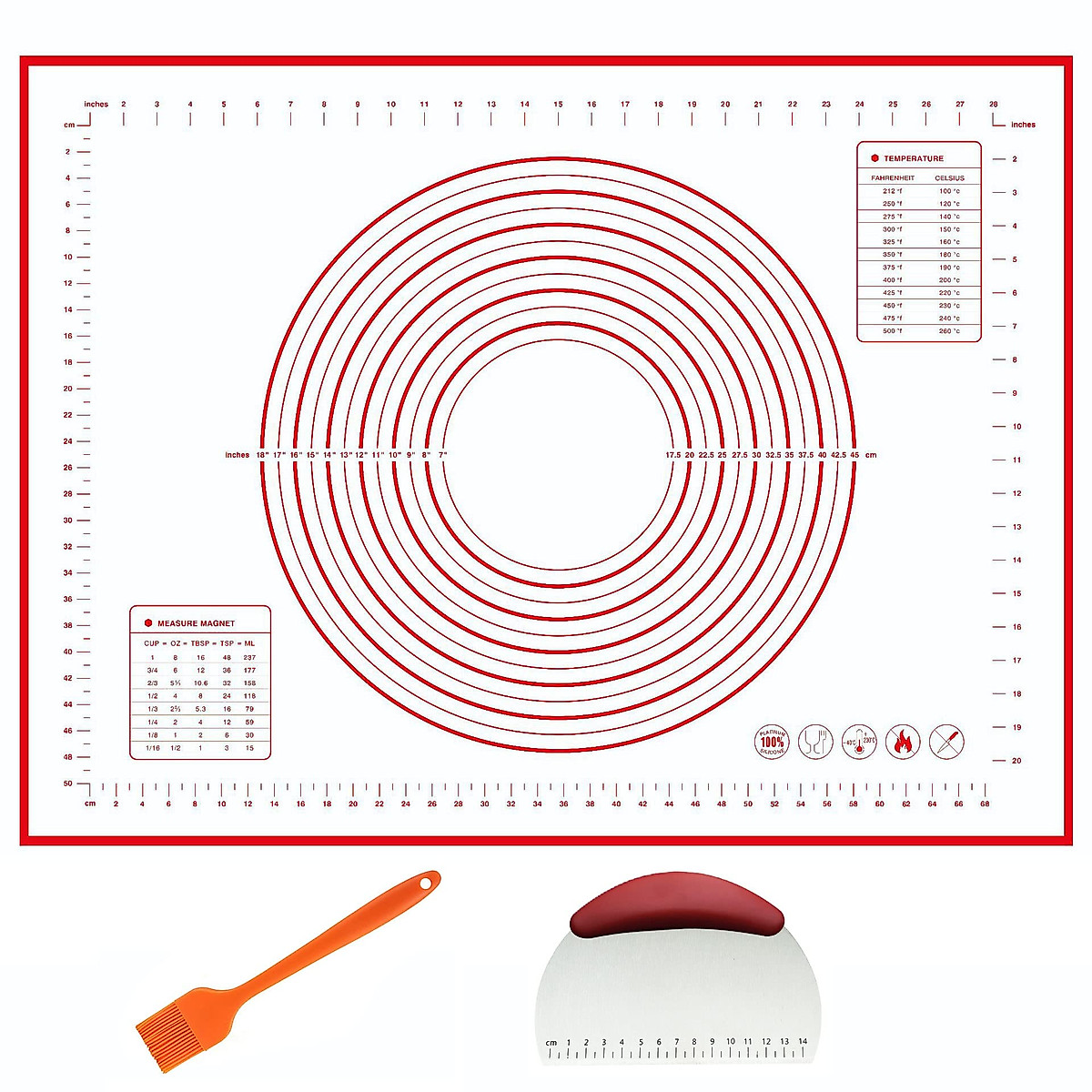 Silicone Dough Mat Non Stick Pastry Mat with Measurement Silicone Mats for Kitchen Counter Reusable Baking Mat Pie Crust Mat with Oil Brush and Dough Scraper(24" x 32",Red)