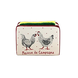 World-Accents White Ceramic Sponge Holder with Hen Design and Red Trim, Maison de Campagne