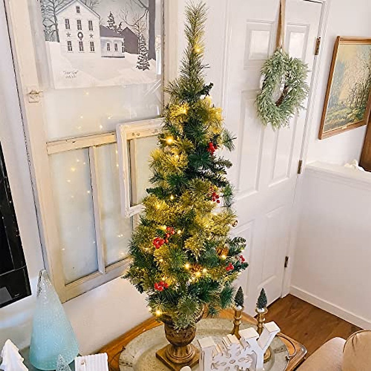 AsterOutdoor Pre-lit Christmas Tree 4ft Artificial Potted Fir with Lights Holly Berries Pine Cones Stands for Indoor Porch Table, Xmas Holiday Decoration, Easy Assembly