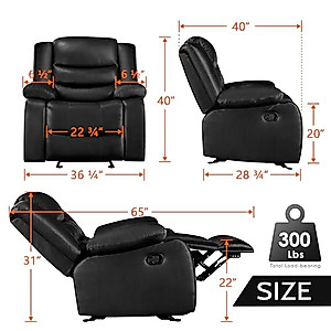 PrimeZone Oversized Rocker Recliner Chair - Comfy Wide Lazy Boy Recliner Chair with Overstuffed Armrest, Faux Leather Manual Reclining Chair for Living Room, Bedroom, Home Theater Seating, Black