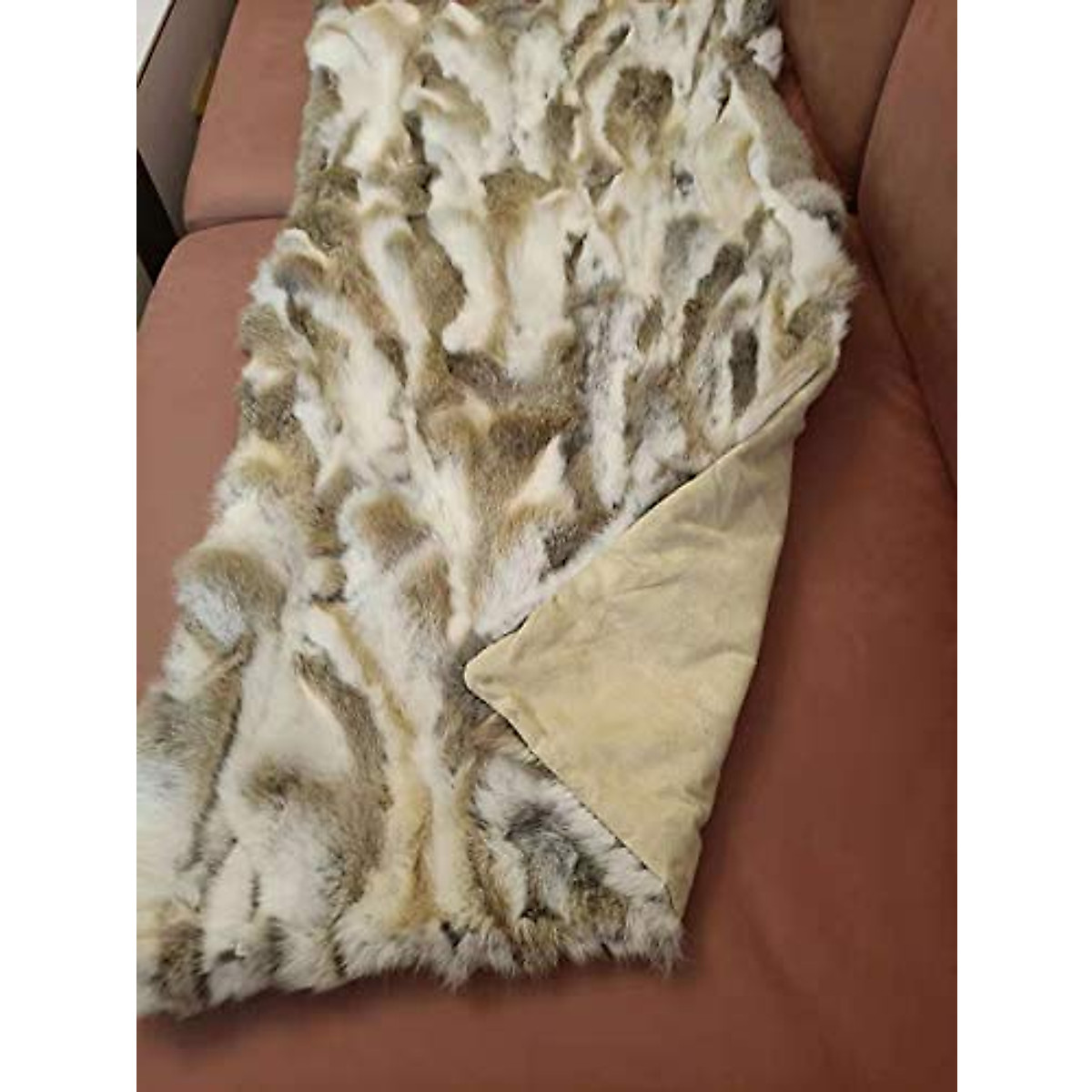 Real Rabbit Fur Throw Blanket Rabbit Fur Pelt Rug with Soft Microsuede Backing Natural Furry Thick Fur Rug Plate Pelz Leather Pelt Straw Yellow, 43.3inx21.6in /3.6ftx1.8ft