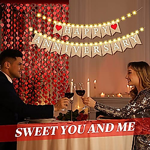 Breling 6 Pieces Burlap Happy Anniversary Banner Party Bunting Garland Decorations Wedding Decoration Supplies Hanging Red Heart Streamer with LED Lights, M