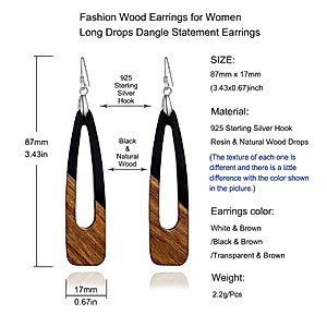 Fiklon Wood Earrings for Women, Wooden Earrings Dangle Brown Black Round Geometric Simple Lightweight Resin Drop Statement Earrings (A-Long Dangle-Black)