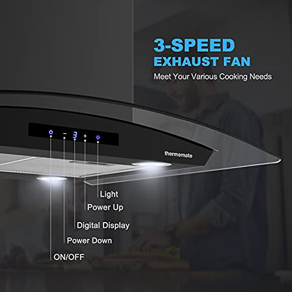 30 Inch Island Range Hood, thermomate 350 CFM Black Stainless Steel Stove Vent Hood with 4 LED Lights, 3 Speed Exhaust Fan with Touch Control, Ducted/Ductless Convertible, ETL Certified