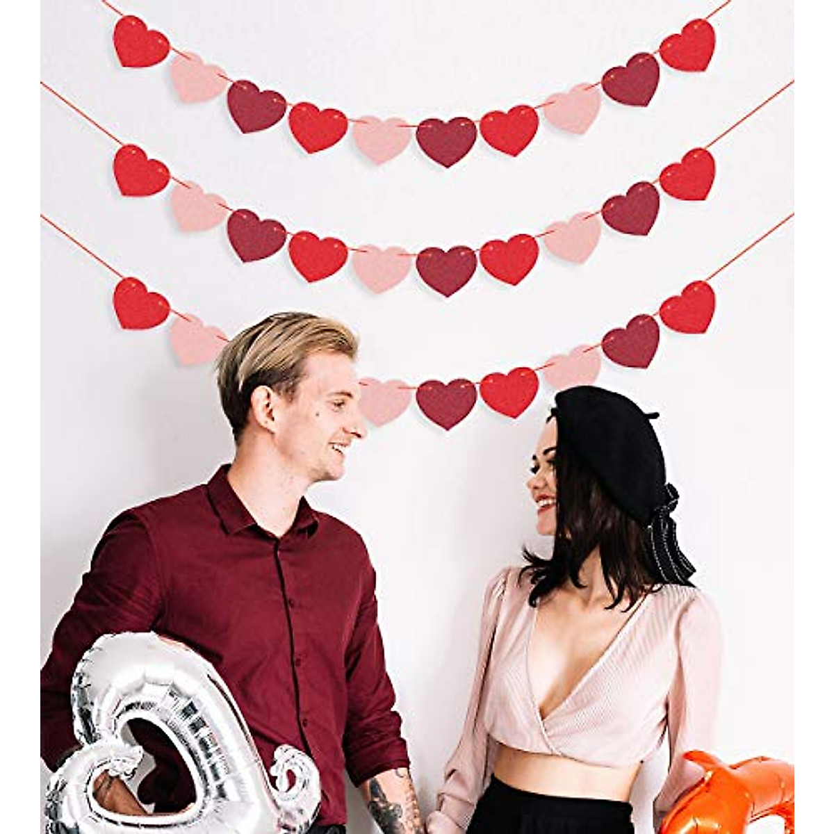 JOZON 4 Pack Felt Heart Valentine’s Day Garland Banner Valentines Day Heart Decorations for Anniversary Wedding Engagement Party Home Office Wall Decorations Supplies (Red, Pink and Dark Red Color)