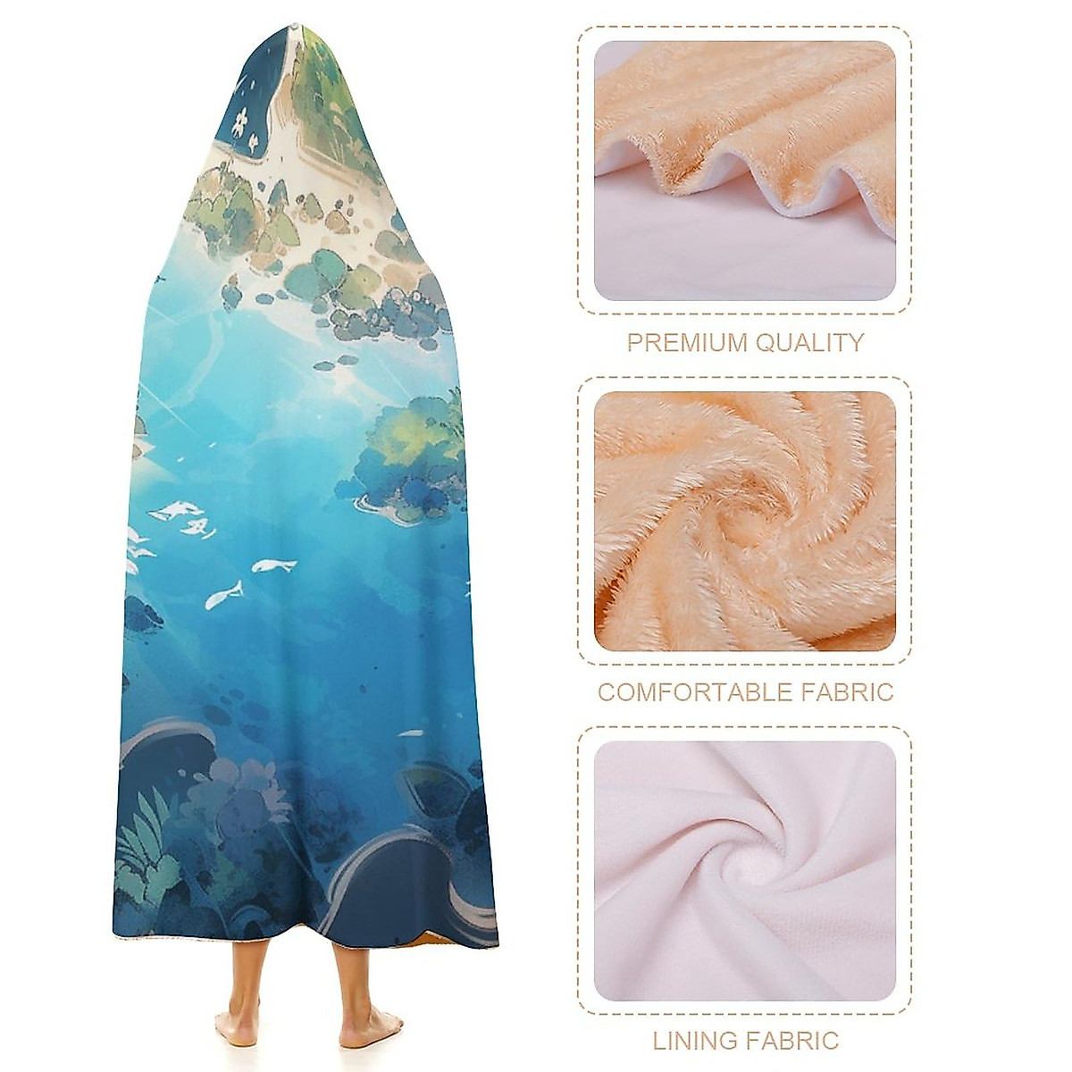 Hooded Blankets Blue Ocean Fish Wearable Hooded Blankets Nature Nautical Ocean Flannel Soft And Comfortable Fit for Kids Adults Teens for Sofa Lounge Bed Napping 50"x60" Spring Summer Blanket Hoodie