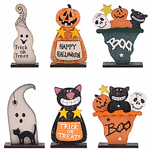 SY Super Bang Wooden Halloween Table Top Decorations - 6PCS Retro Halloween Decor Including Black Cat/Pumpkin Monster/Ghost/Skull Crafts, for Home Farmhouse Holiday Indoor, Rustic