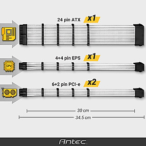 Antec Power Supply Sleeved Cable /24pin ATX /4+4pin EPS /6+2pin PCI-E PSU Extension Cable Kit 30cm Length with Combs, White(11.8inch/30cm)
