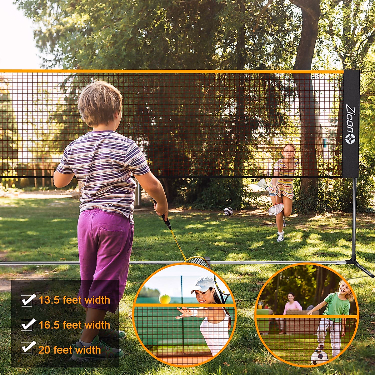 Zicon Portable Tennis Net,Stainless Steel Poles Badminton Net Set Adjustable Height Nylon Net with Carry Bag, for Kids Volleyball, Pickleball,Soccer, Indoor, Outdoor Court, Backyard, Beach, Driveway