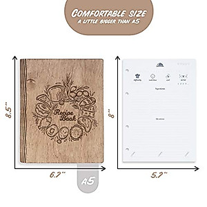 WOXTEED A5 Wooden Blank Recipe Book to Write in (7.5 x 6 inch) - Cook Book with 80 Sheets for Handwritten Recipes - Hardcover Family Kitchen Journal and Recipe Keeper (Brown)