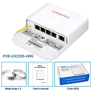 Outdoor 5 Port PoE Switch/Extender/Booster, 60W 48V 10/100/1000M POE Passthrough Switch Outdoor Ethernet Extender，PoE Repeater,6KV Lightning Protection, IEEE 802.3af/at/bt, by CENTROPOWER