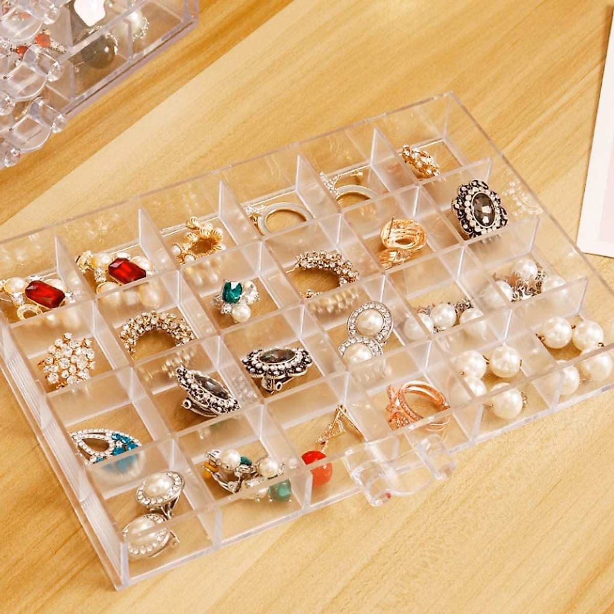 FEECKOCK Earring Organizer Box Acrylic Jewelry Box Storage Drawers, Clear Plastic Display Case Compartments Tray, Holder for Rings Necklaces Earrings, Beads, Crystal, Stone