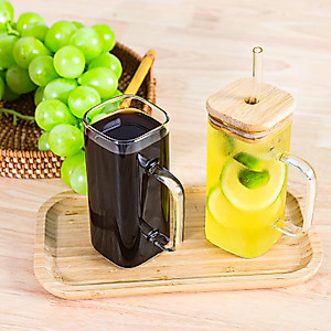 Moretoes 12oz Square Glass Cups with Lids and Straws, 4PCS Iced Coffee Cups, Glass Tumbler with Handle, Drinking Glass for Beer, Milk, Juice