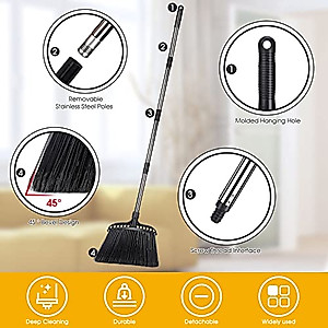 Kphico Heavy Duty Broom,Outdoor/Indoor Commercial Broom,Household Angle Broom with 56" Extendable Long Handle,Perfect for Courtyard Garage Lobby Mall Home Kitchen Room Office Floor Cleaning-Black