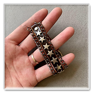 Xusamss Hip Hop Rivet Chain Leather Bracelet Alloy Star Cuff Bracelet,7.5inches