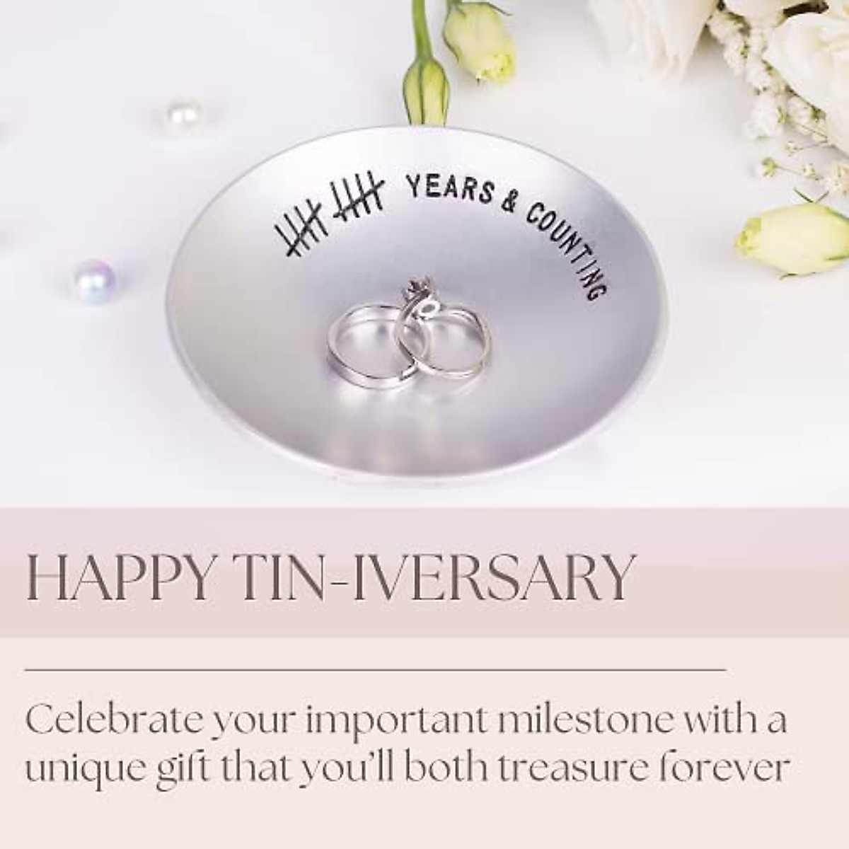 PureRejuva 10th Anniversary Tin Gifts – 4 In, Engraved, Aluminum Wedding Ring Holder Dish & Gift Box – 10 Year Anniversary for Him & 10 Year Anniversary for Her Smooth Style
