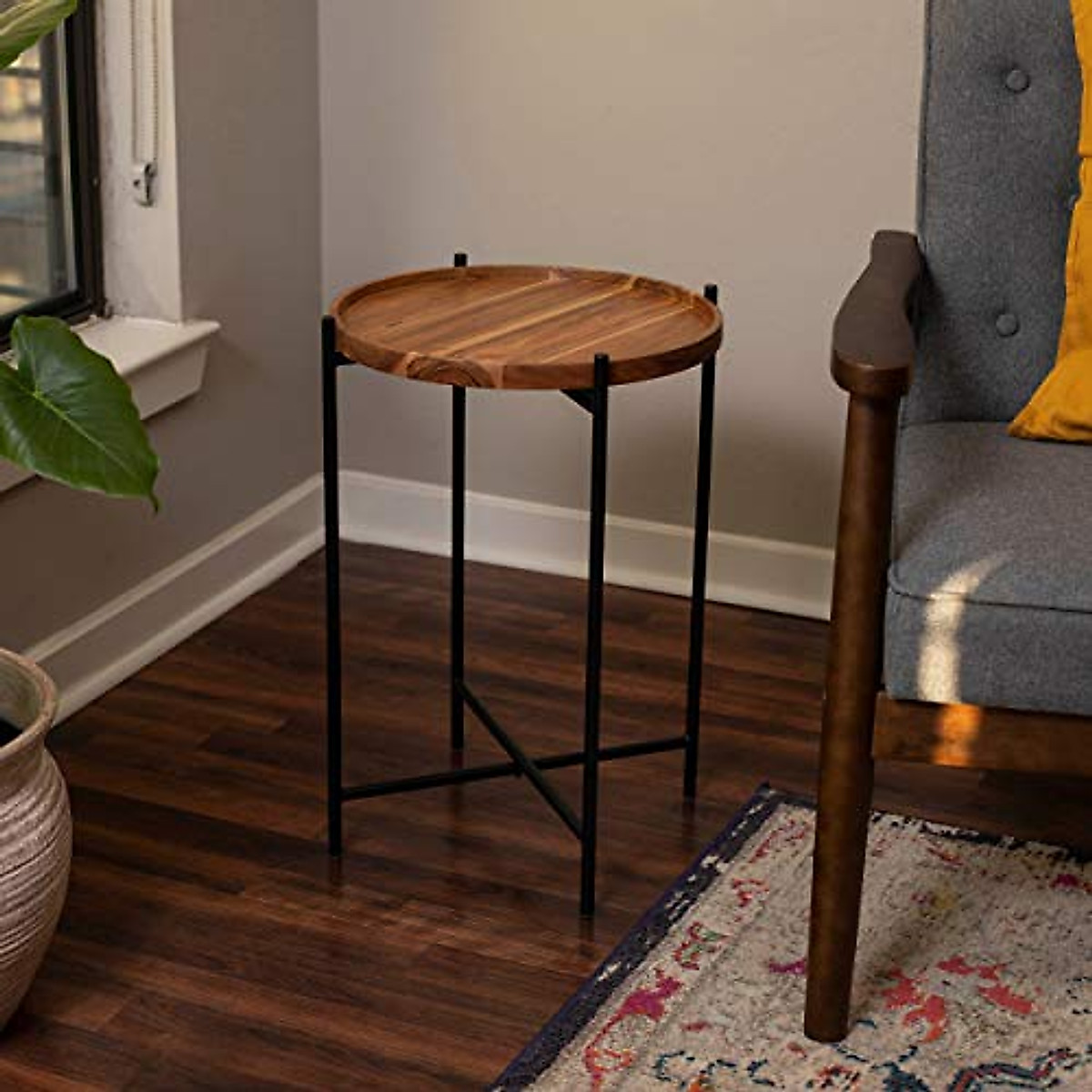 BIRDROCK HOME Folding Side Table with Removable Wood Tray - Black Metal Foldable Nightstand - Indoor Use Only - Bar Coffee Drinks Food Serving Tray - Decorative Modern End Accent - Natural Acacia