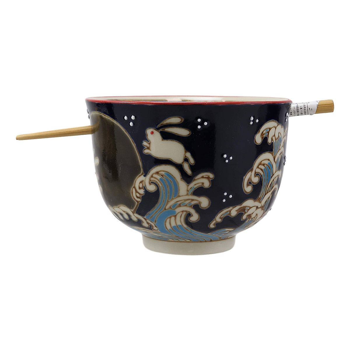 Ebros Gift Rabbits Jumping Over The Full Moon Ramen Udong Noodles 5" Diameter Bowl With Built In Chopsticks Rest and Bamboo Chopstick Set for Dining Soup Rice Meal Bowls Decor Kitchen