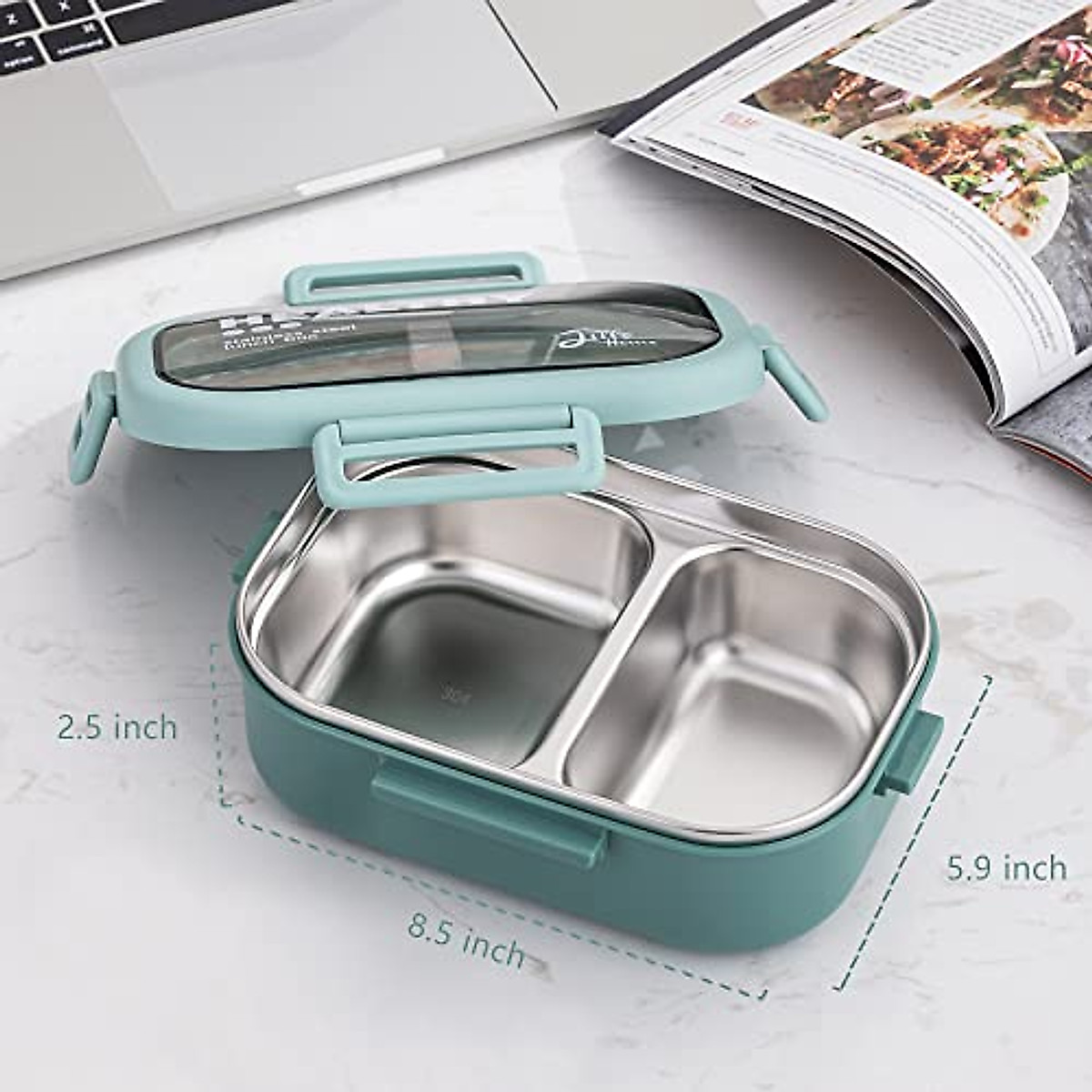 Lille Home 28oz Stainless Steel Leakproof 2-Compartment Bento Lunch Box/Portion Control Food Container with Lunch Bag and Cutlery Set, BPA Free (Green)