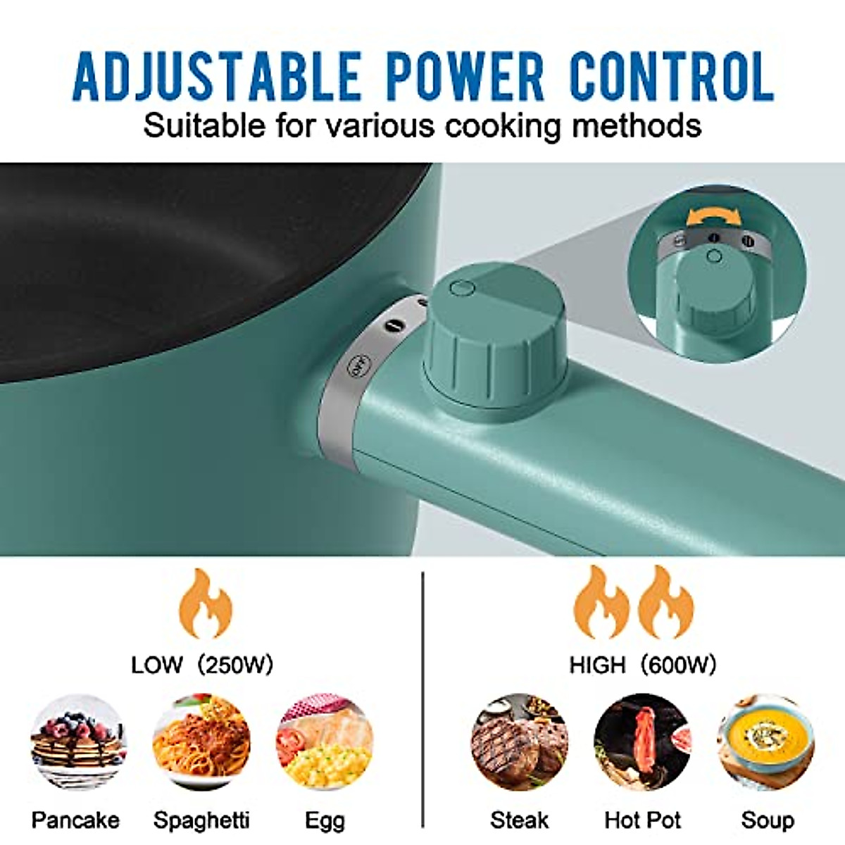 Topwit Electric Hot Pot, 1.5L Ramen Cooker, Portable Non-Stick Frying Pan, Electric Pot for Pasta, Steak, BPA Free, Electric Cooker with Dual Power Control, Over-Heating & Boil Dry Protection, Green